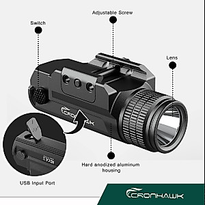 CRONHAWK Pistol Flashlight Rechargeable 700 Lumen Rail Mounted Tactical Flashlight Compact Weapon Light for Gun Light fits Picatinny