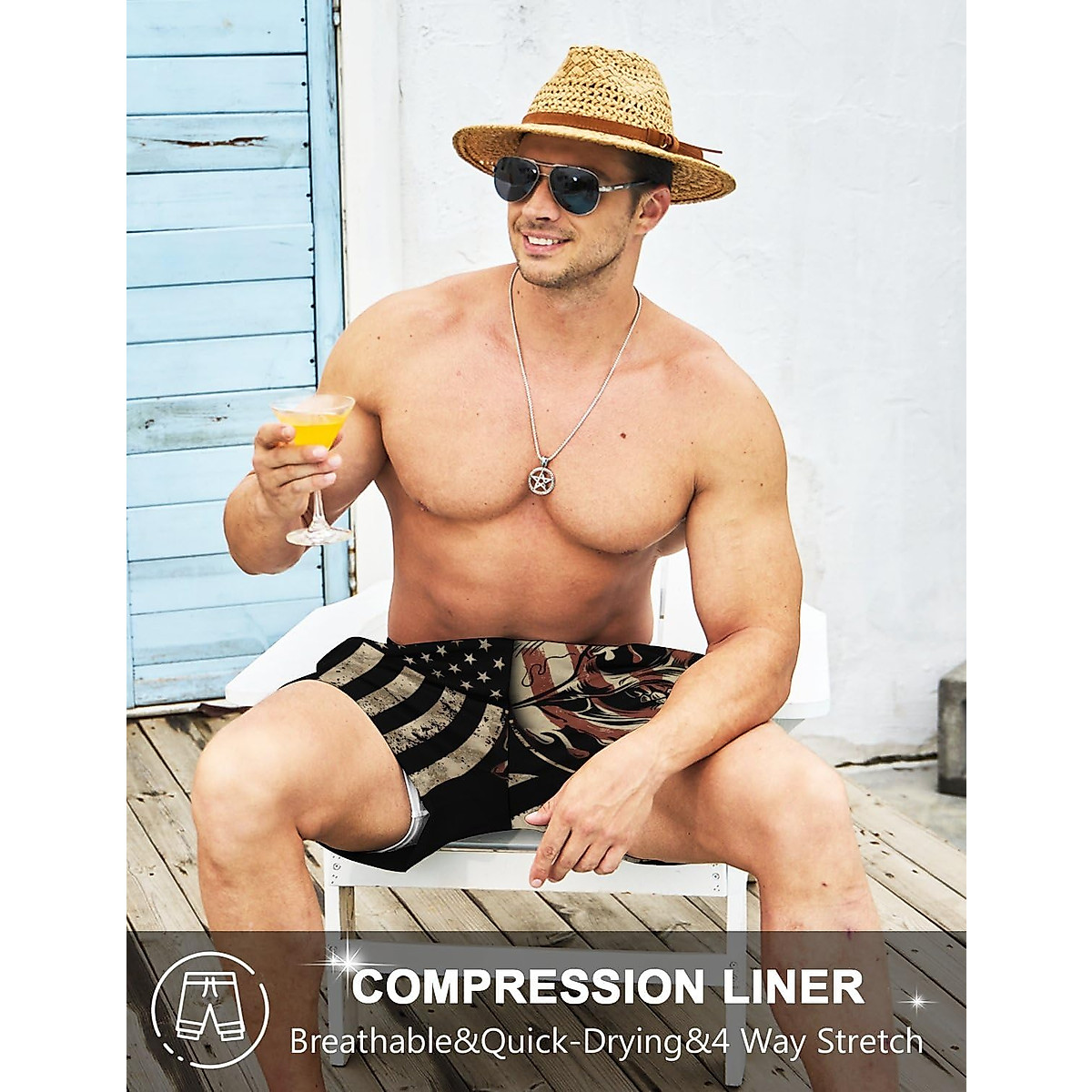 Partrest American Flag Skull Men's Swim Trunks with Compression Liner - 7 Inch American Flag Board Shorts for Beach