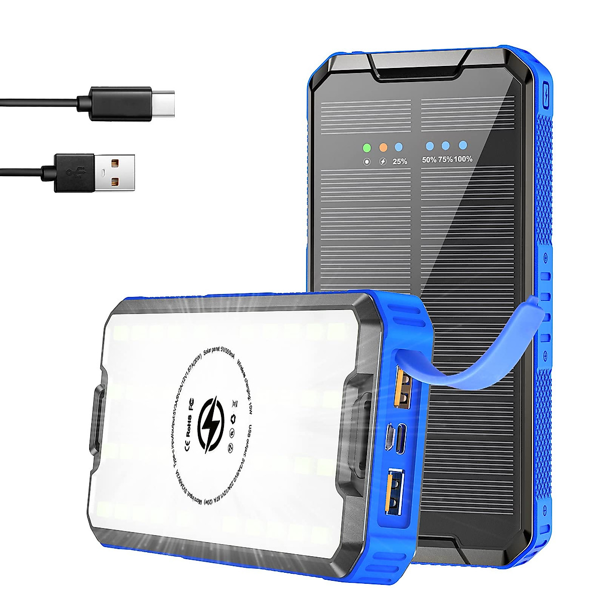 ANYFONG Solar Power Bank, 30000mA PD20W QC3.0 USB C Fasting Charging Solar Charger 10W Wireless Portable Phone Charger Power Bank, Battery Charger with Camping Light