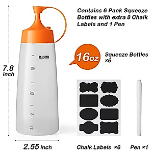 Premium 6 Pack 16 oz Plastic Condiment squeeze Bottles with Squeeze Top,Food Grade Squirt Bottle for Sauces,Hot Sauces,Syrup,Oil Dispenser,Salad Dressings Container,with extra 8 Chalk Labels and 1 Pen
