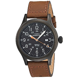 Timex Men's Expedition Scout 40mm Watch – Black Case Black Dial with Brown Leather Strap