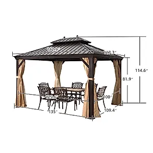 PURPLE LEAF Hardtop Gazebo 10' X 12' Metal Roof with Netting and Curtains Hard Top Backyard Patio Gazebos Permanent Canopy Deck Garden Hot Tub Outdoor Pavilion
