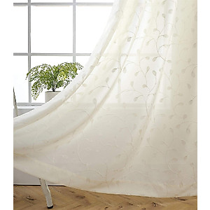 MIUCO Floral Embroidered Semi Sheer Curtains Faux Linen Grommet Curtains for Girls Room 52 x 84 Inch Set of 2, Off White