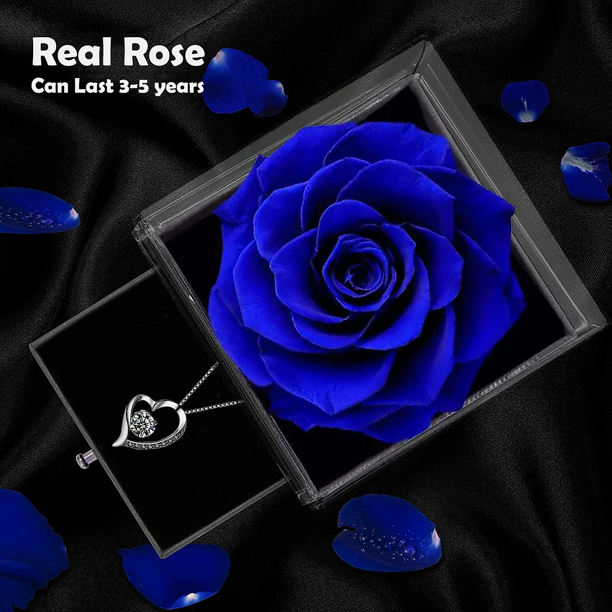 Forever Blue Rose Gift Box with Necklace - Real Eternal Rose with 925 Sterling Silver Women Necklace Inside,Enchanted Real Rose Flower for Valentine's Day Anniversary Wedding Romantic Gifts for Her.