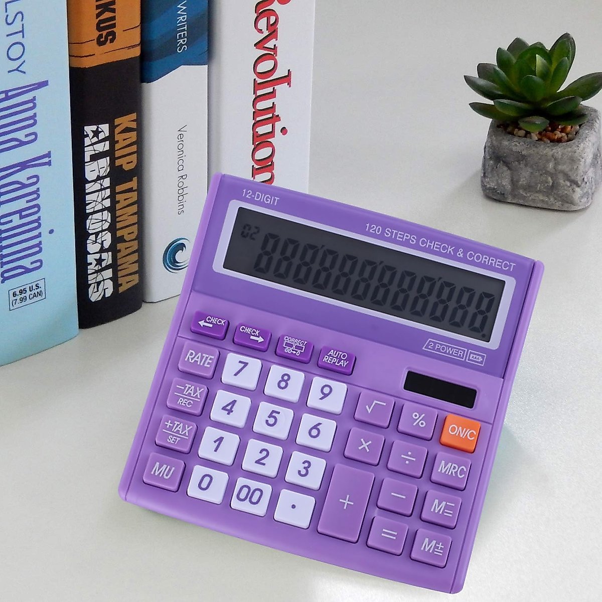 Desktop Calculator Basic Office Desk Calculator 12 Digit with Solar Power and Easy to Read LCD Display, Big Buttons, for Home, Office, School, Class and Business, with Battery - Purple