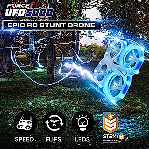 Force1 UFO 5000 Mini Drone for Kids - LED Remote Control Drone Flying Toy, Small RC Quadcopter for Beginners with Leds, 2.4 GHz Remote Control, 360 Flips, 11 LED Modes, 3 Speeds, 2 UFO Drone Batteries