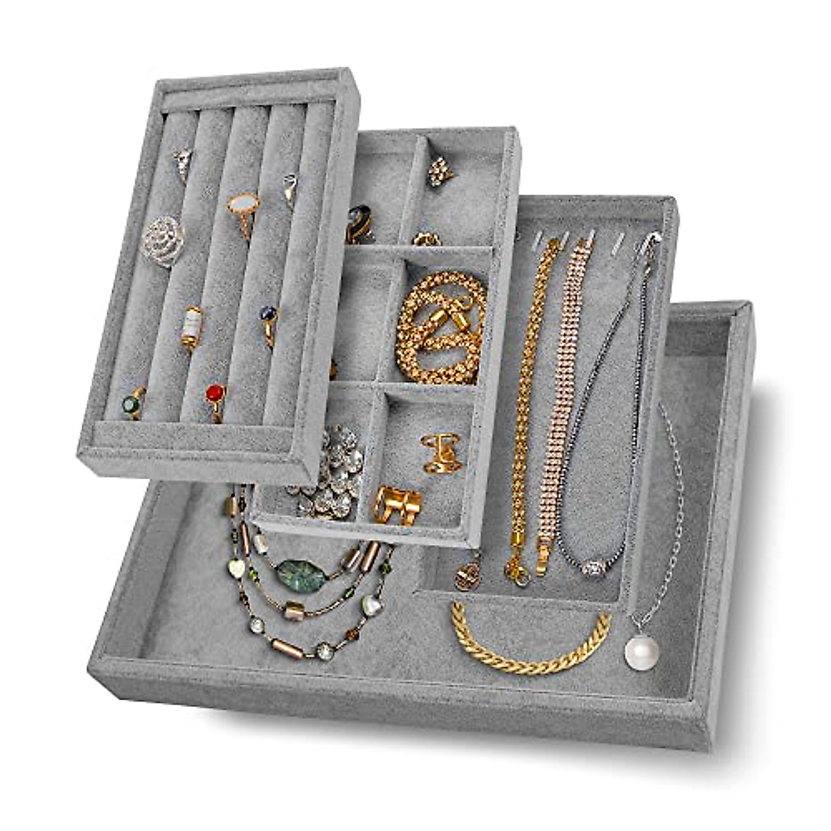 Houseables Jewelry Tray Organizer, Stackable Accessories, Storage, 13.8"x 9.5", Grey, 4 Pcs, Earring Box, Adjustable Drawer Insert, Velvet Ring Holder, Bracelet & Necklace Display, Cufflink Case