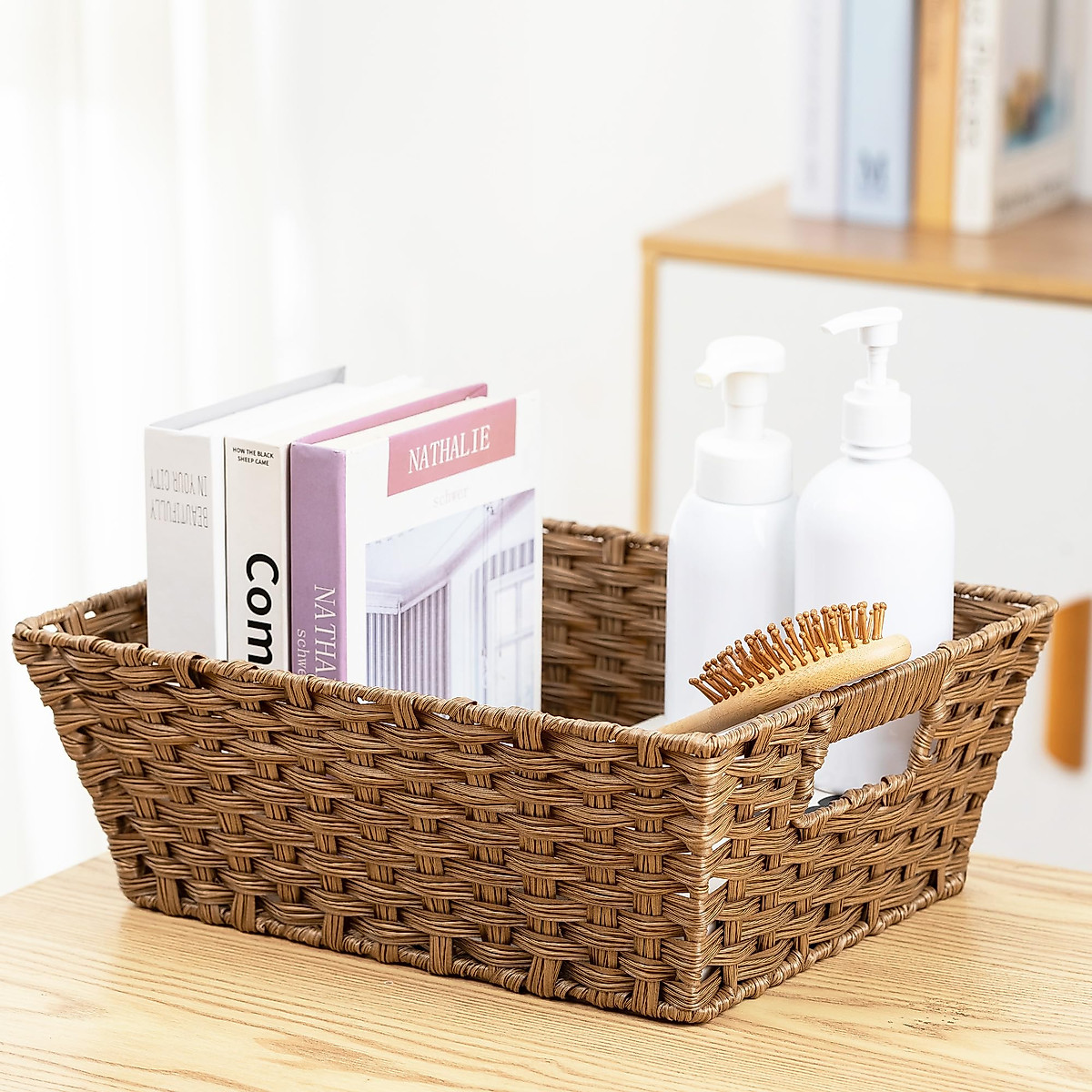 Wicker Basket, Decorative Woven Storage Basket, Waterproof Storage Basket Organizer, Wicker Storage Basket, Brown Basket, 1 Pack