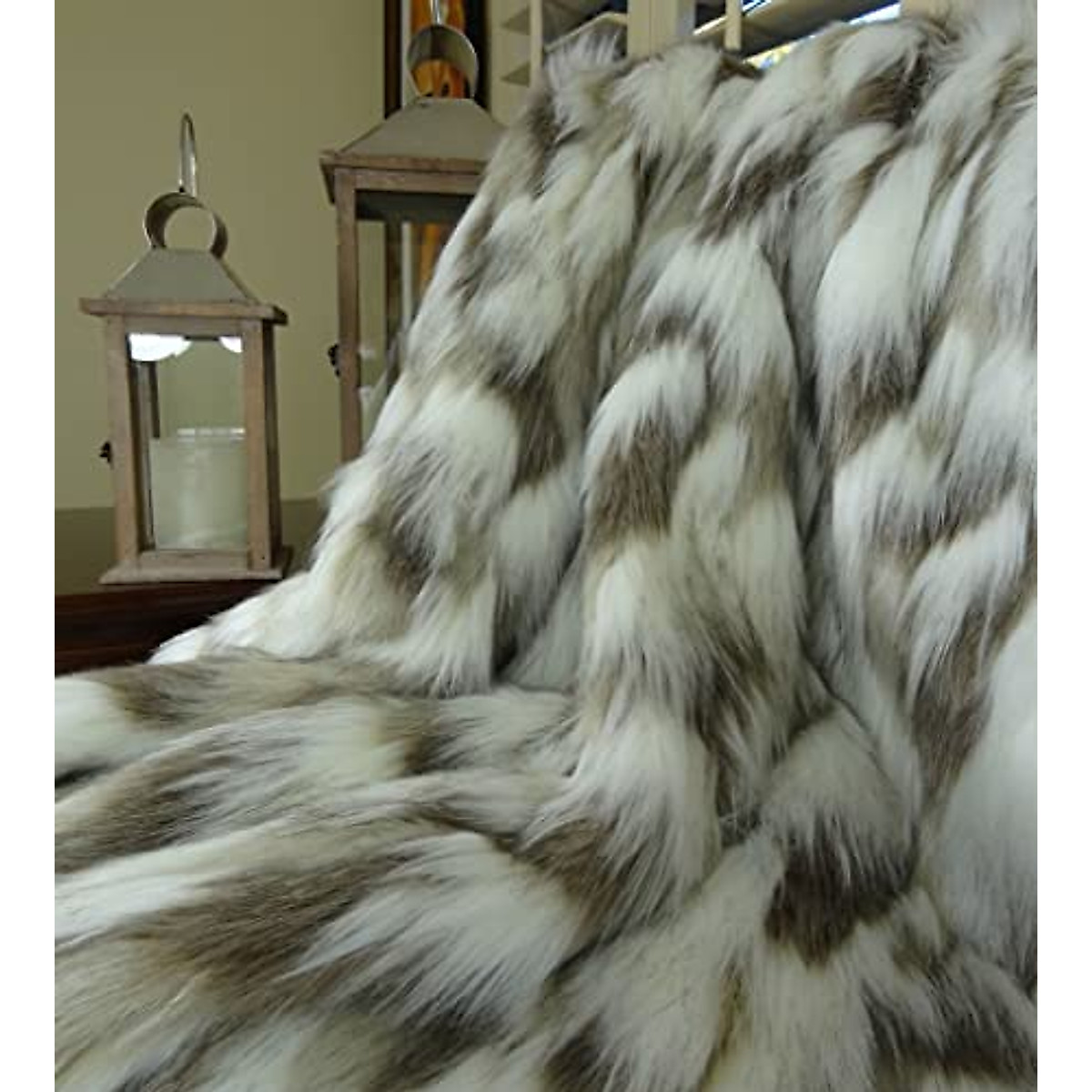 Thomas Collection Ivory Faux Fur Throw Blanket & Bedspread - Tibet Fox Fur - Ivory Beige Luxury Faux Fur - Throw Blanket - Luxury Soft Faux Fur, Handmade in US, 16445