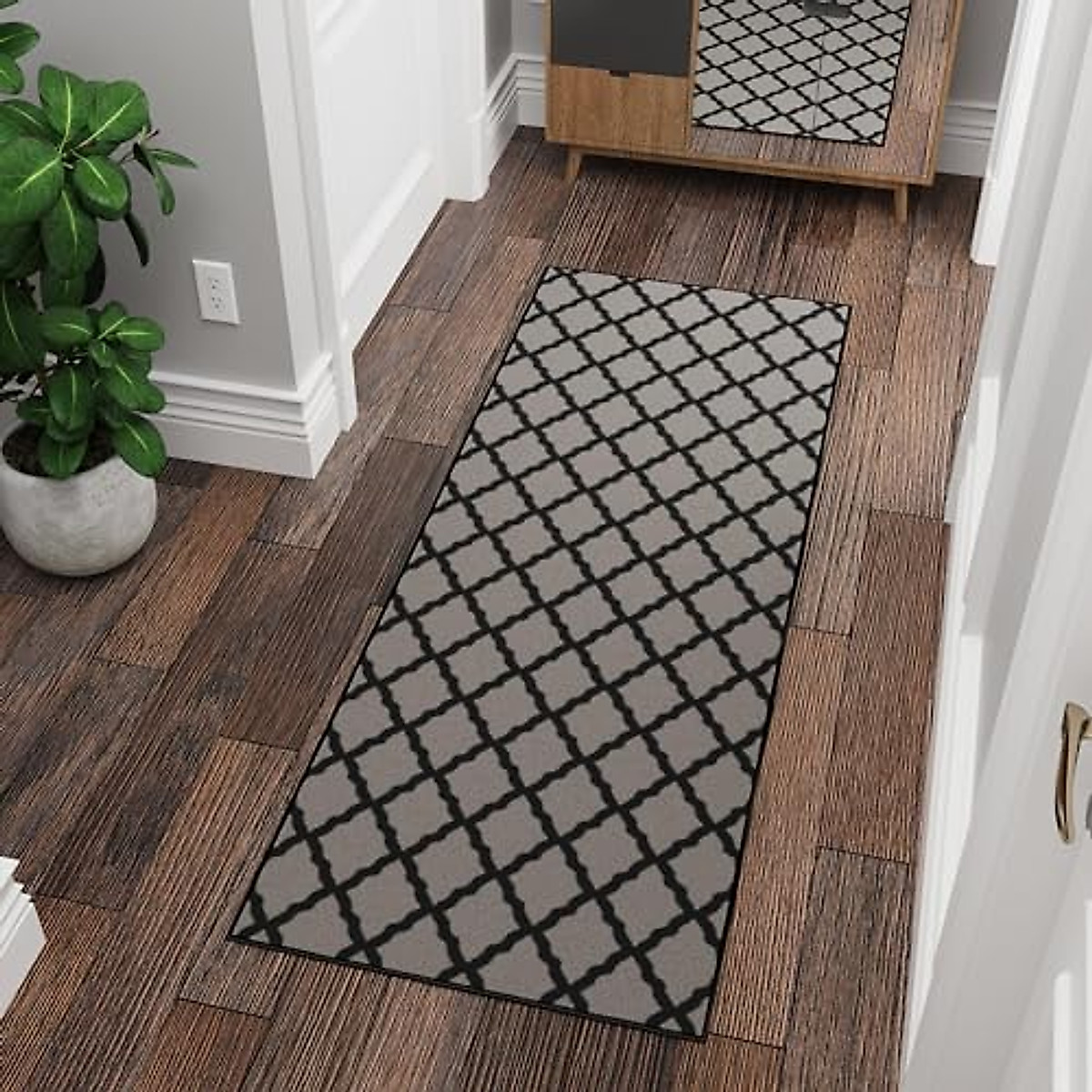 Machine Washable Moroccan Trellis Design Non-Slip Rubberback 2x5 Traditional Indoor Runner Rug for Hallway, Kitchen, Bedroom, Entryway, 20" x 59", Dark Gray