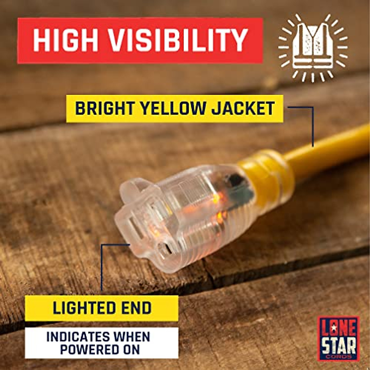 LONE STAR 10 Gauge Extension Cord 25 ft, Heavy Duty Extension Cord Lighted Plug for Outside, 10/3 SJTW Weatherproof Outdoor Extension Cord 25ft Yellow, Contractor Grade - Texas Based American Business