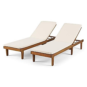 Christopher Knight Home Madge Oudoor Chaise Lounge with Cushion (Set of 2), Teak Finish, Cream