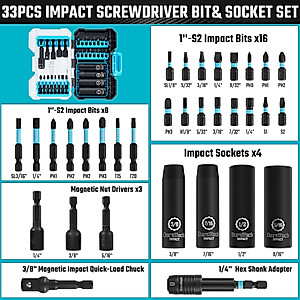 DURATECH 33-Piece Impact Screwdriver Bit Socket Set, CRV/S2 Screwdriving Bits with Quick Fit Tough Case for Screwdriving Applications