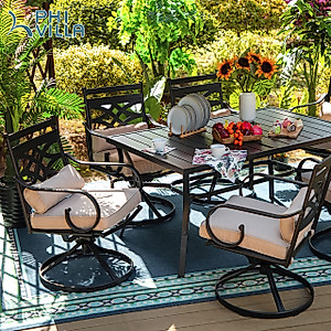 PHI VILLA 7 Pcs Patio Dining Sets,Outdoor Table Chair Set for 6 with Outdoor Swivel Chairs and Metal Frame Steel Rectangular Table,Outdoor Dining Furniture with Cushion and Pillow for Garden Lawn Deck