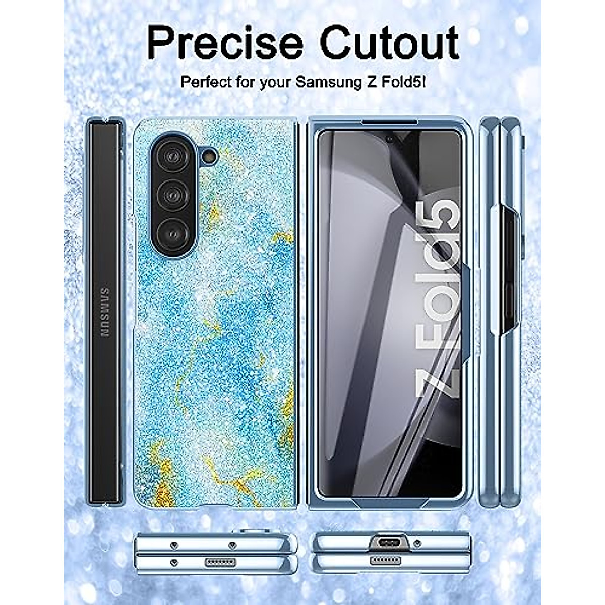 DDJ for Samsung Galaxy Z Fold 5 Case, Hard PC Bling Diamond Rhinestone Elegant Case for Women Girls，Anti-Scratch Shockproof Sparkling Case for Galaxy Z Fold 5,Blue