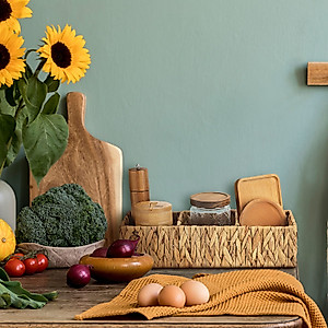 2 Pack 3 Section Wicker Storage Baskets Toilet Basket Tank Topper Natural Handmade Woven Storage Basket Rectangular Toilet Paper Organizer Basket with Dividers for Bathroom (Vertical Texture)