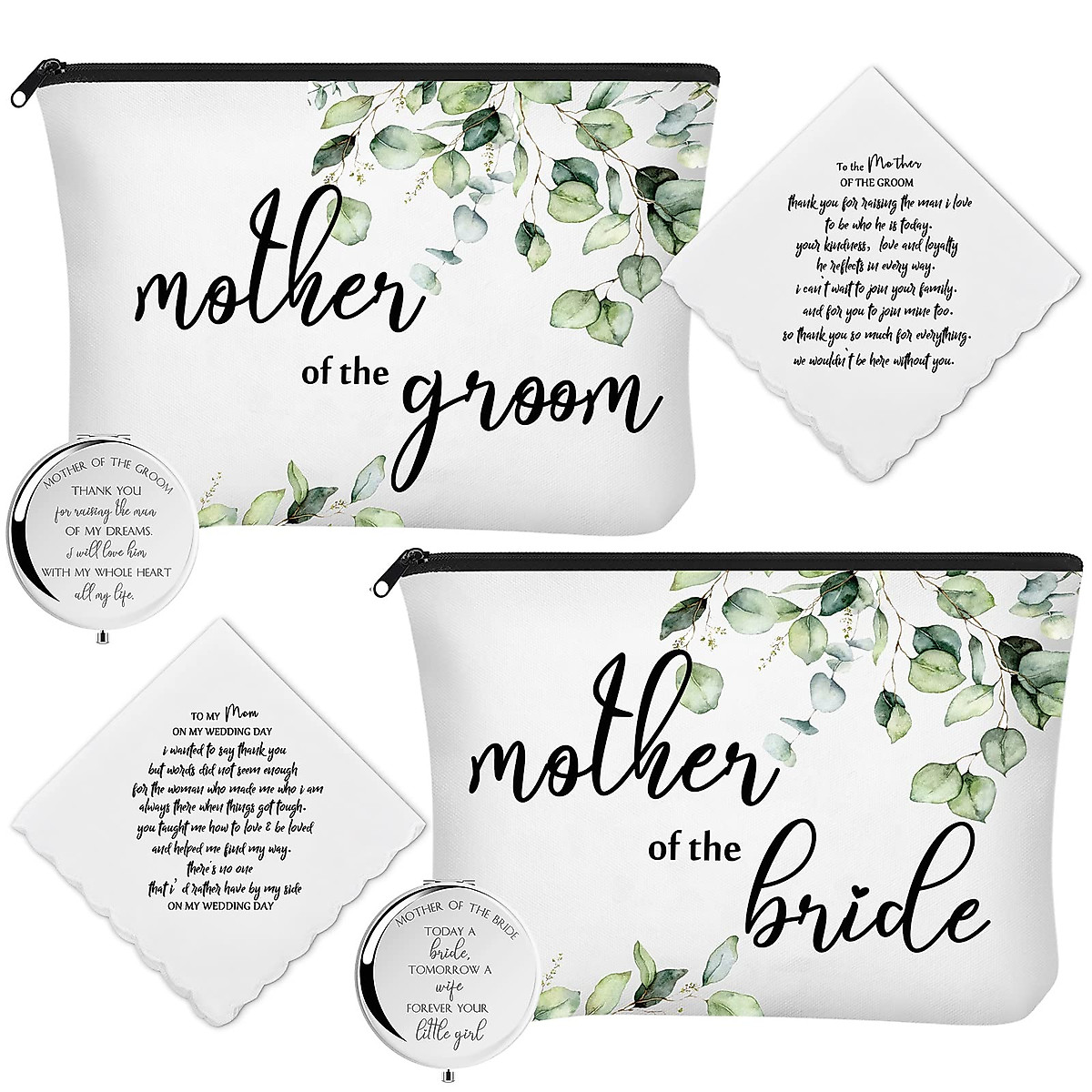 Coume 6 Pack Mother of the Groom Mother of the Bride Cosmetic Bag Wedding Gifts Mother of Bride and Groom Makeup Mirror Mom Handkerchief for Mother and Mom in Law for Engagement Favor (Leaves)
