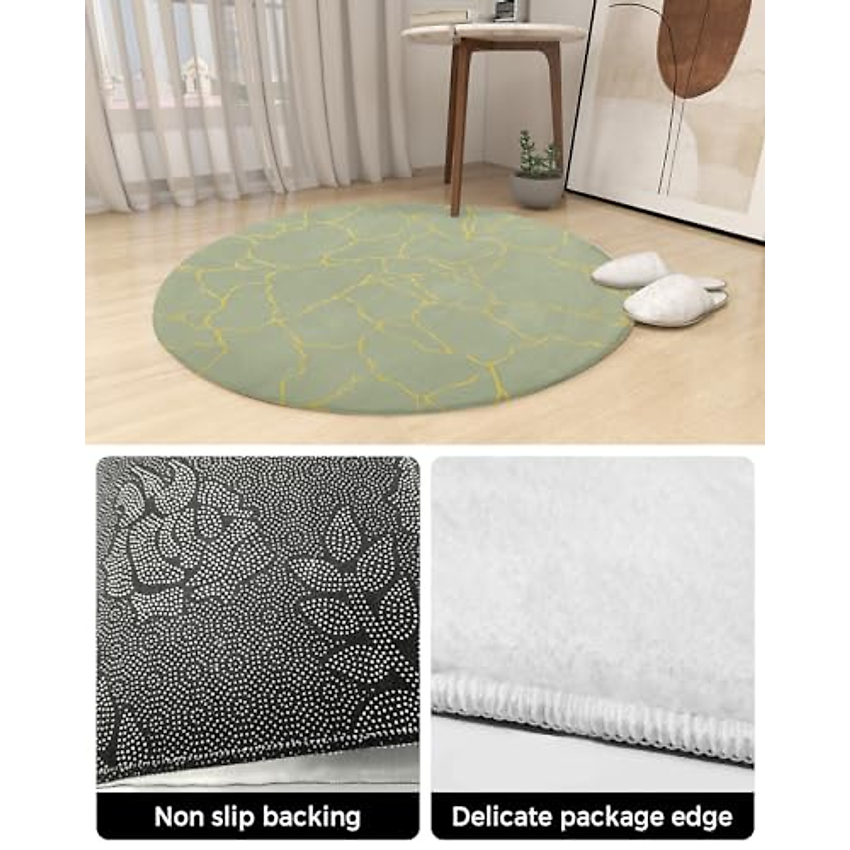 Sage Green Fluffy Round Area Rug Carpets 3.3ft, Plush Shaggy Carpet Soft Circular Rugs, Non-Slip Fuzzy Accent Floor Mat for Living Room Bedroom Nursery Decor Gold Geometric Line Country Rustic Art