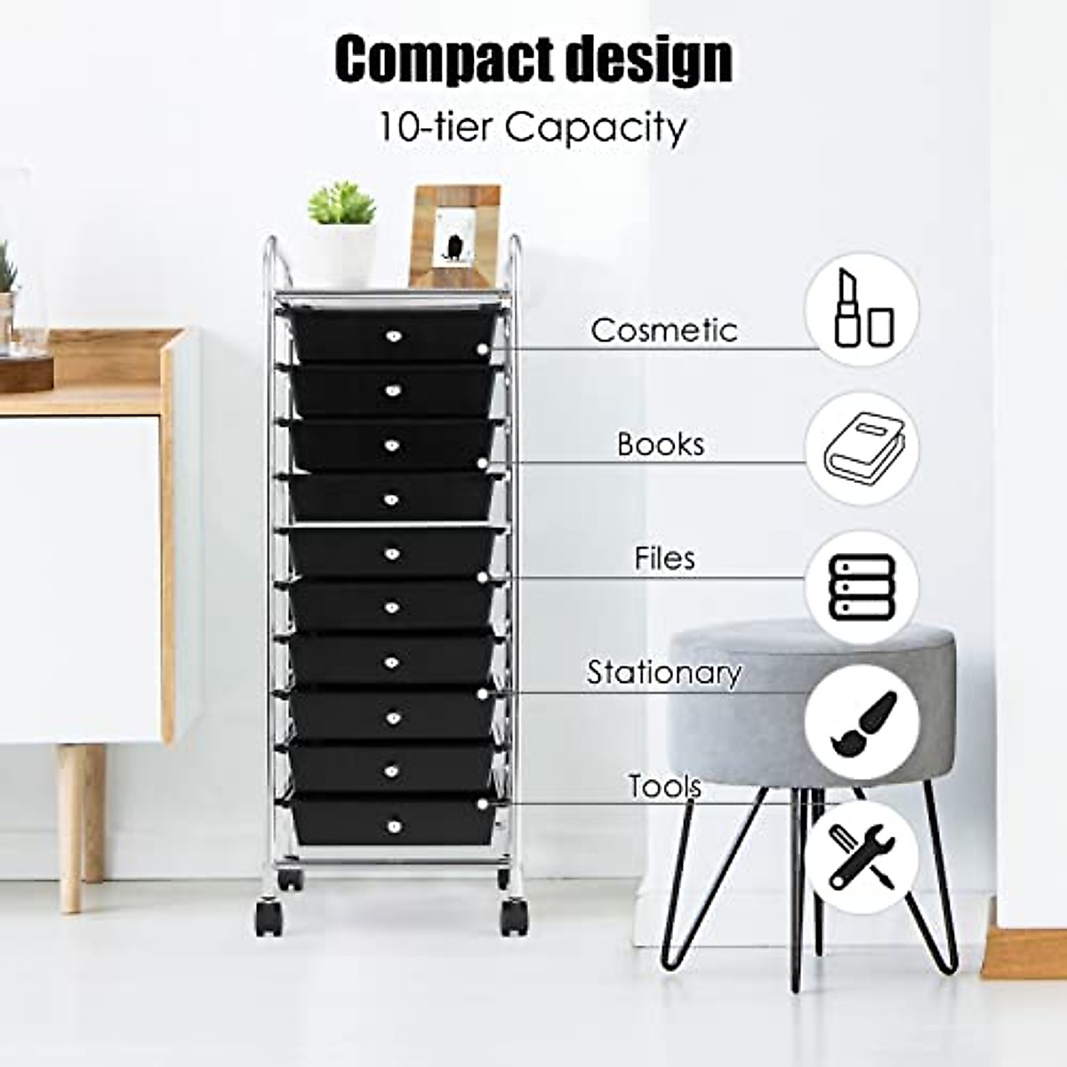 10-Drawer Rolling Storage Craft Cart and Organizer - Rolling Organizer Cart Tools and 4 Universal Casters (Black)