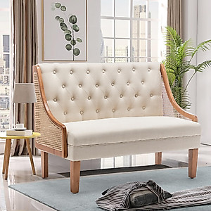 Yongqiang Modern Settee with Back Small Loveseat Sofa Rattan Upholstered Dining Banquette Seating for Kitchen Dining Room Living Room Linen Button Tufted Mini Couch