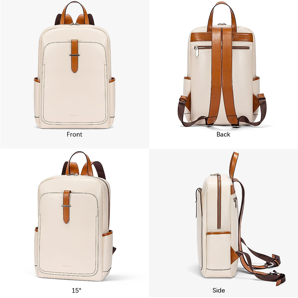 BOSTANTEN Leather Laptop Backpack for Women,15.6 inch Computer Backpack Purse College Daypack Work Travel Bag Beige-White