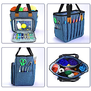 HYMIC Yarn Storage Organizer Tote Bag, Portable Storage Bag for Yarns, Tote-Large Capacity Crochet Organizer Crocheting Kit, Knitting Needles, Yarn Balls, Project & Sewing (Blue)
