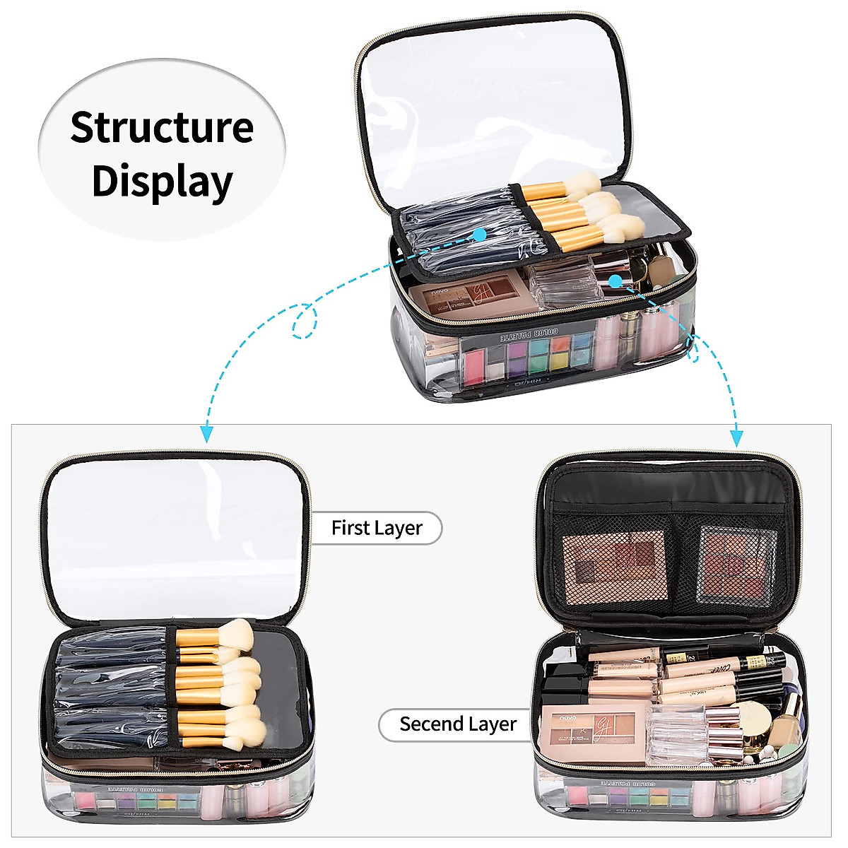 OCHEAL Clear Makeup Bag, Portable Makeup Organizer Cosmetic Bag, Travel Makeup Bag Cute Clear Pouch For Women and Girls Cosmetics Bags with Divider Makeup Brush Compartment-Large