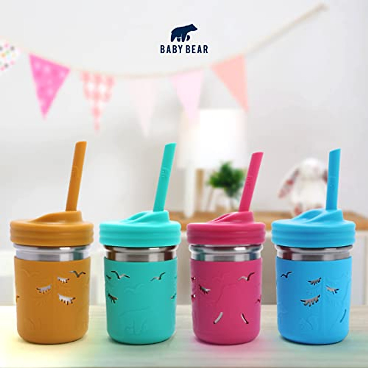 Baby Bear Products Kids Cups - Set of 4, 250ml Stainless Steel Mason Jar with Silicone Sleeves and Straws with Stoppers | Smoothie Cups | Spill Proof Toddler Sippy Cups