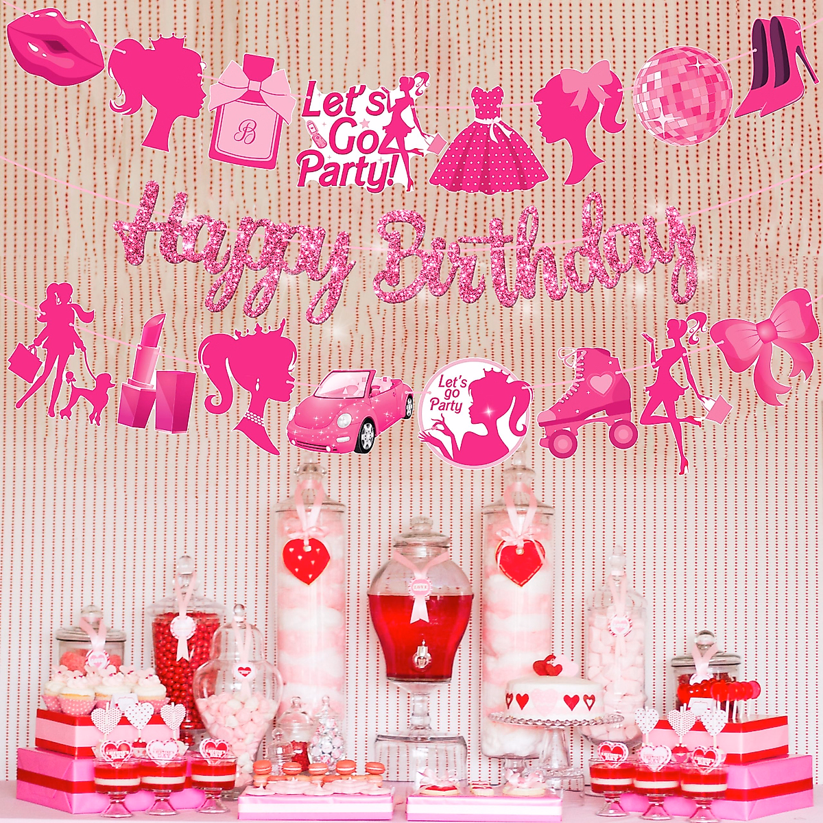 Hot Pink Girl Happy Birthday Banners Glitter Pink Birthday Party Decorations for Girls Hot Pink Princess Ladies Party Decorations for Bachelorette Bridal Shower Party Supplies