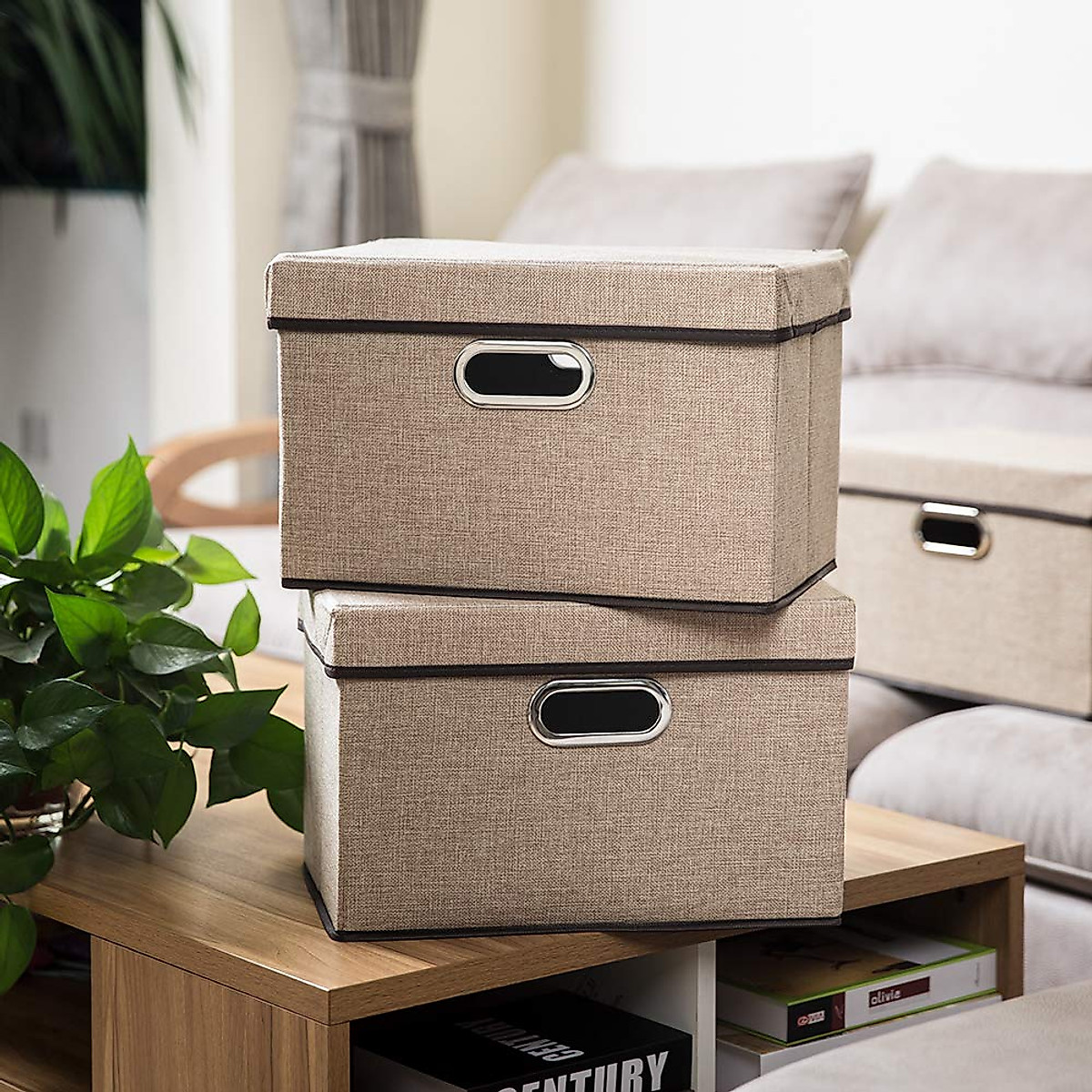 PRANDOM Collapsible Storage Cubes with Lids [3-Pack] Jute Fabric Foldable Storage Boxes Organizer Containers Baskets Bins with Cover for Home Bedroom Closet Office Nursery (14.9x9.8x9.8)