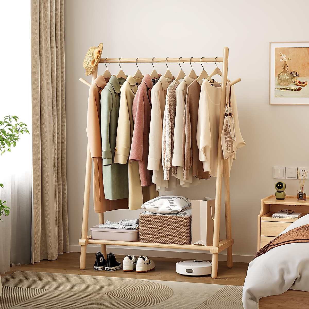 KASLANDI Solid Wood Clothes Rack, Clothing Rack with Shelf and Hook, Sturdy and Portable, Garment Rack for Hanging Clothes,Coats,Skirts,Shoes,Bags,Easy to Assemble (Natural)