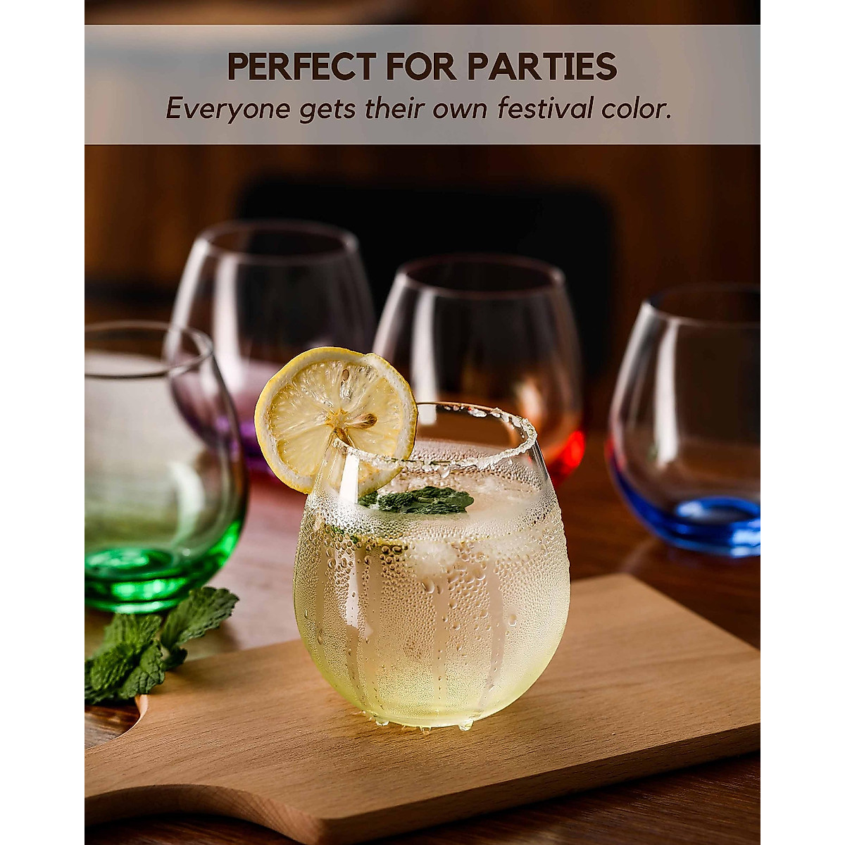 ColoVie 15 oz Stemless Wine Glasses Set of 6, Large Colored Wine Glasses, Short Wine Glass Set for Red Wine, White Wine, No Stem Margarita Glasses