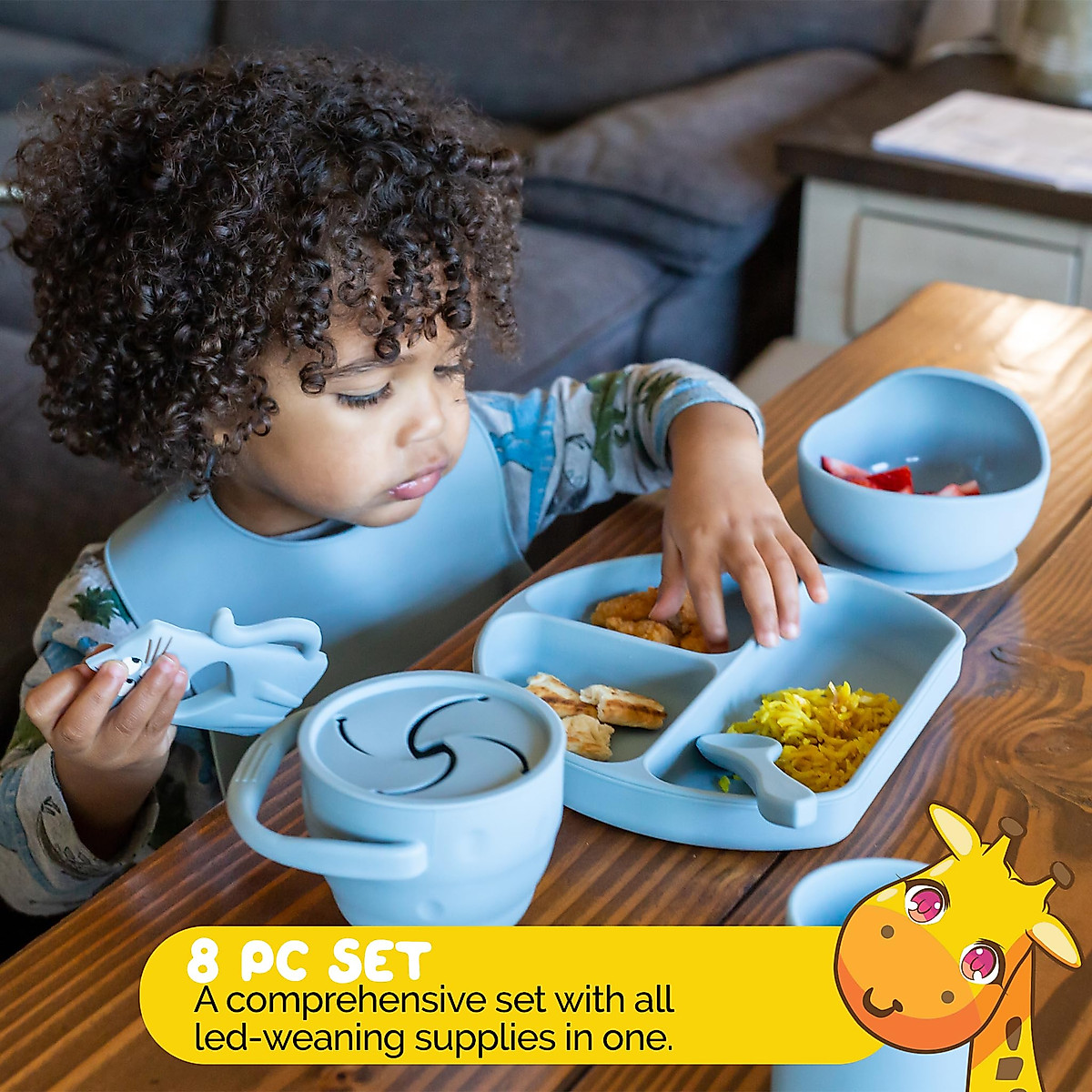 Muqee Peeko Carolina Blue Silicone Baby and Toddler Self-Eating Food Plates Set with Utensils (8 Piece Set)