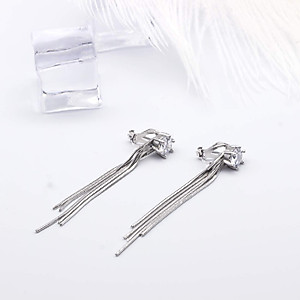 YOQUCOL 7MM Bright Cubic Zirconia Crystal Tassel Dangle Clip On Long Drop Non Pierced Wedding Earrings For Women