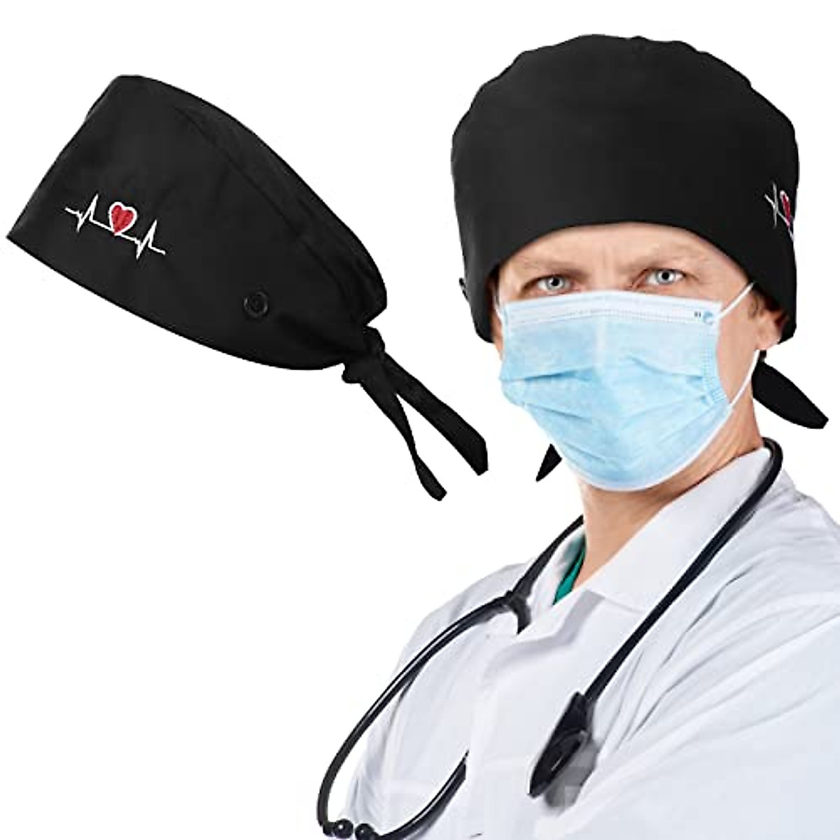 Lusofie Adjustable Working Cap with Button Sweatband Surgical Cap Nurse Hat Cotton Ponytail Holder Scrub Caps Tie Back Hats for Women Men