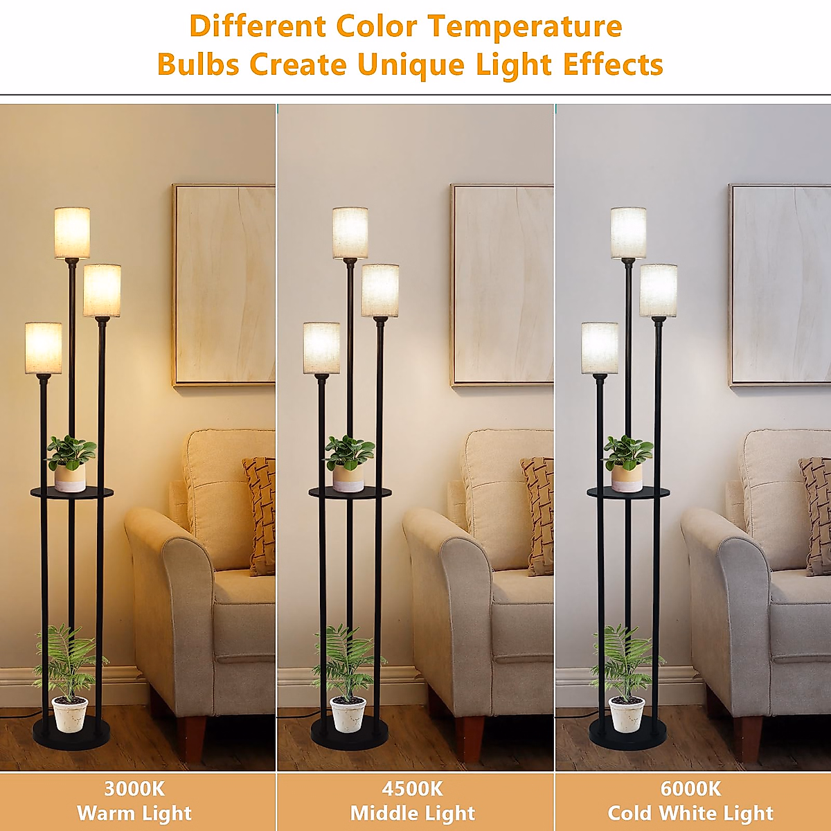 Stepeak Floor Lamp with Shelves, Modern Floor Lamps for Living Room, 3-Lights Standing Lamp with Linen Shade and Foot Switch, Industrial Standing Lamps for Bedroom, Black Tall Table Lamp for Office