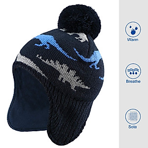 Boys Winter Hat Mitten Gloves Set Toddler Warm Beanie Earflap Baby Knit Fleece Lined Hat (Navy Blue,4-5 Years Old)