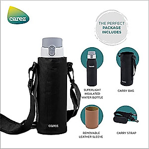 CAREZ SUPERLIGHT Insulated Stainless Steel 100% BPA-Free Leakproof Water Bottle for Office, Gym, Travels with Temperature Retention - Superlight, Anti-slippery, Vacuum Flask (Black Onyx)
