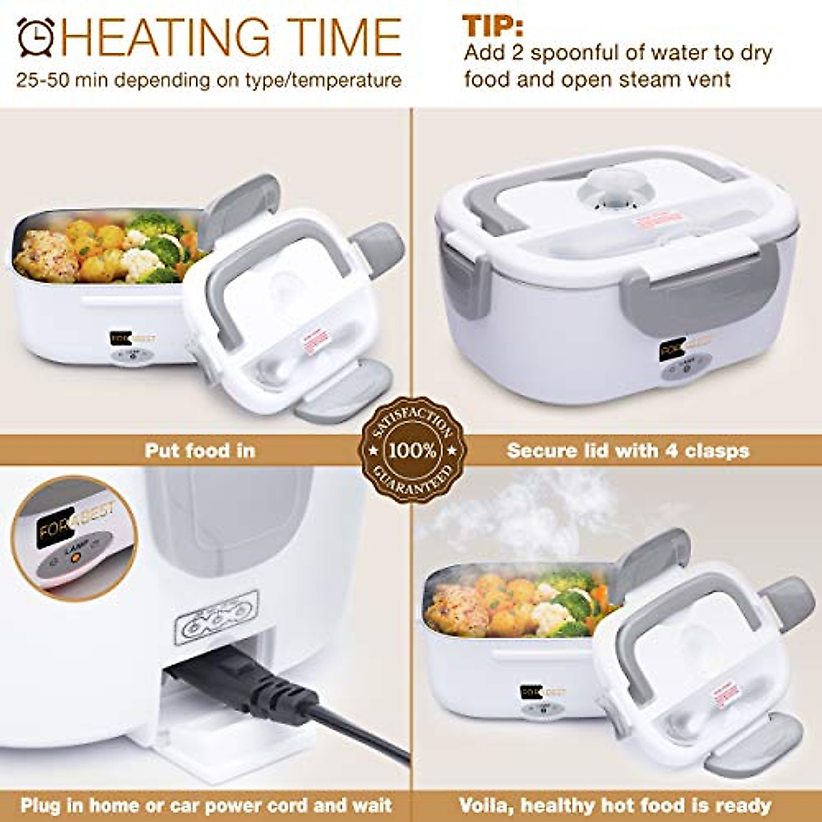 FORABEST Electric Lunch Box - Fast 60W Food Heater 3-In-1 Portable Food Warmer Lunch Box for Car & Home – Leak proof, 2 Compartments, Removable 304 Stainless Steel Container, fork, spoon and Carry Bag