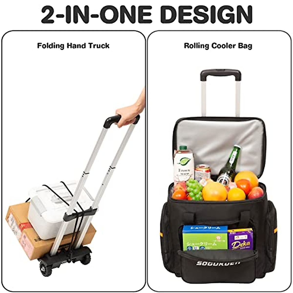Rolling Cooler 48 Can Cooler On Wheels Beach Cooler with Rubber Wheels and Handle Insulated Large Rolling Cooler with Bungee Cord and All-Terrain Cart for Beach, Tailgate Parties, Work, 2-in-1 Design