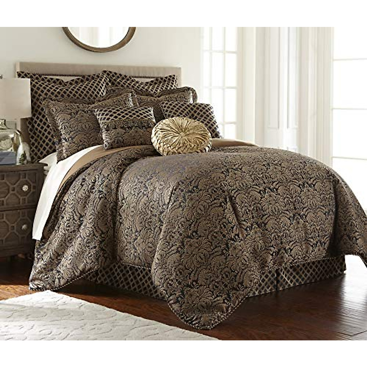 Sterling Creek Valencia 9-Piece Black Gold Floral Jacquard Oversized Comforter Set (King)