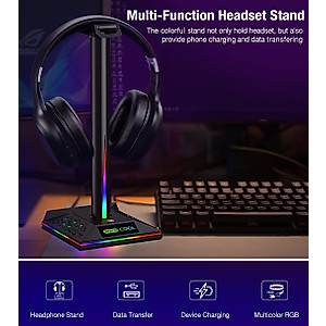 EUROA Headphone Stand Gaming Desk Headset Stand Holder with 10 RGB Lights, Head Set Desk Hook Gift Accessories for Gamer, Backpack Gaming Headpones Stand with 2 USB Charing Ports