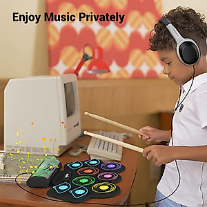 PAXCESS Portable 9 Pad Roll-Up Electronic Drum Set with Realistic Sounds, Foot Pedals, Drumsticks, Built-In Speaker, and Rechargeable Battery