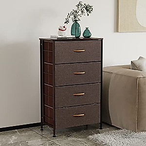 WAYTRIM Dresser Storage Tower, 4 Fabric Organizer Drawers, Wide Chest of Drawers for Closet Boys & Girls Bedroom, Bedside Furniture, Steel Frame, Wood Top, Fabric Bins, Easy installation (Coffee)