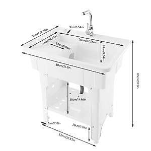 Laundry Sink,Freestanding Plastic Laundry Sink with Washboard,Utility Sink with Hot and Cold Faucet,Hoses and Drain Kit for Garage Basement Garden (25.59x21.65x31.5inch)