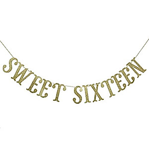 Sweet Sixteen Birthday Banner Gold Glitter for 16th Birthday Party Decor 16 years old Decoration Supplies Cursive Bunting Photo Booth Props Sign