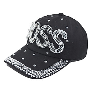 Popfizzy Bling Boss Baseball Cap for Women Rhinestone Hat, Distressed Baseball Caps, Denim Ball Caps (Boss (Black))