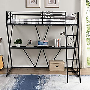 Twin Loft Bed with Desk, Loft Bed with Ladder and Full-Length Guardrails, X-Shaped Frame,Maximum Weight of 220 lb， Black（New）