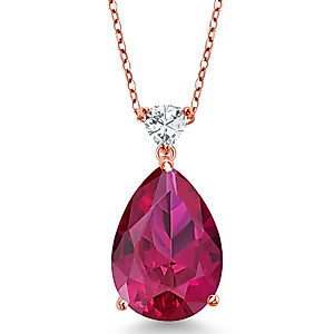 Gem Stone King 18K Rose Gold Plated Silver Pear Shape Red Created Ruby Pendant Necklace For Women 13.77 Cttw, with 18 Inch Chain)