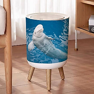 JWHFZMANPYK Round Trash Can with Lid Beluga Whale Press Top Recycle Bin Small Garbage Can Dog Proof Wastebasket Wooden Legs Bathroom Kitchen 7L/1.8 Gallon